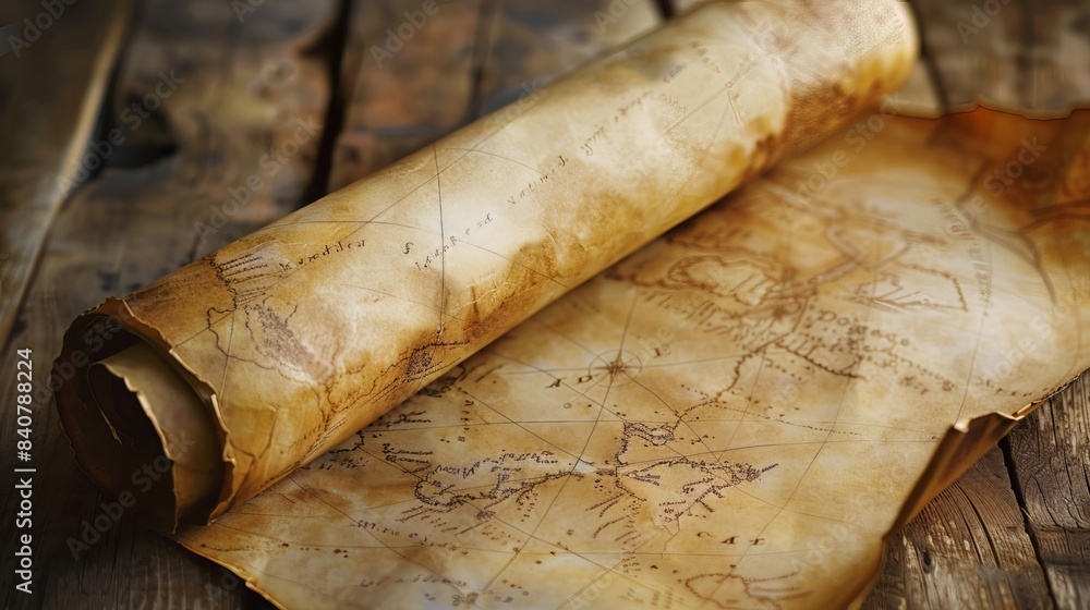 Ilustrace „Historical Map: A yellowed historical map is rolled up in an ...