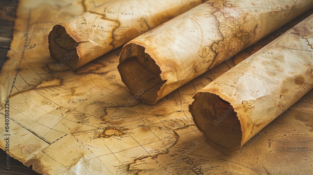 Historical Map: A yellowed historical map is rolled up in an old scroll ...