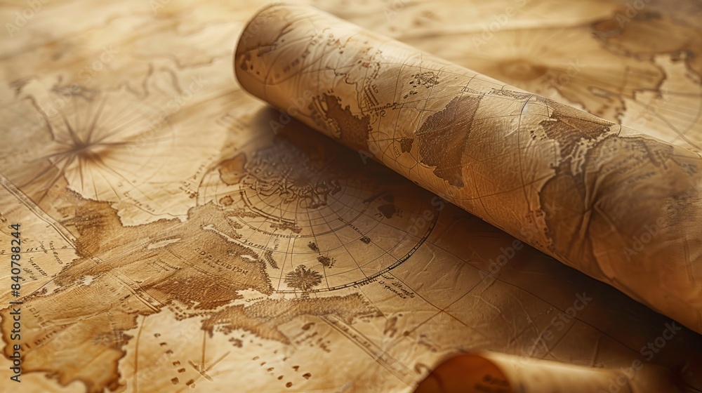 Historical Map: A yellowed historical map is rolled up in an old scroll ...