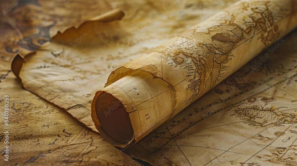 Historical Map: A yellowed historical map is rolled up in an old scroll ...
