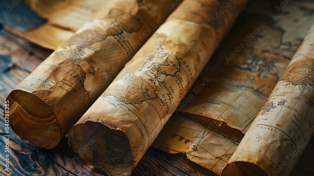 Historical Map: A yellowed historical map is rolled up in an old scroll ...
