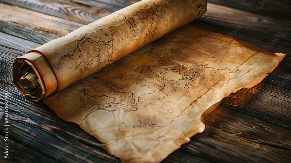 Historical Map: A yellowed historical map is rolled up in an old scroll ...