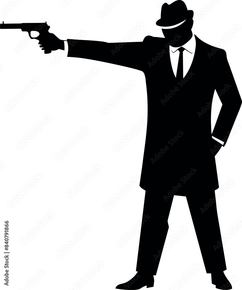 depicting a man in a suit pointing a gun in a front view perspective ...