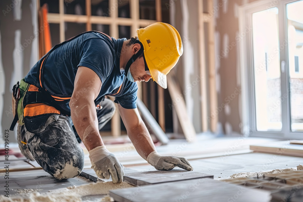 Engineer with safety helmet at new home building, workers installing tiles Stock Photo | Adobe Stock