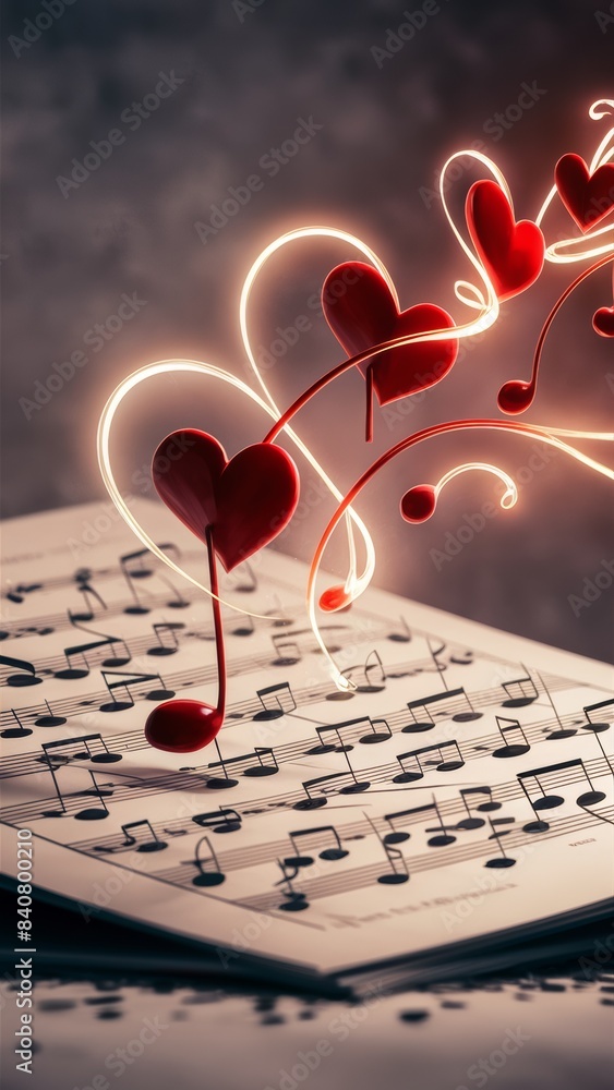 A close-up sheet of music with breathtaking heart-shaped notes that ...