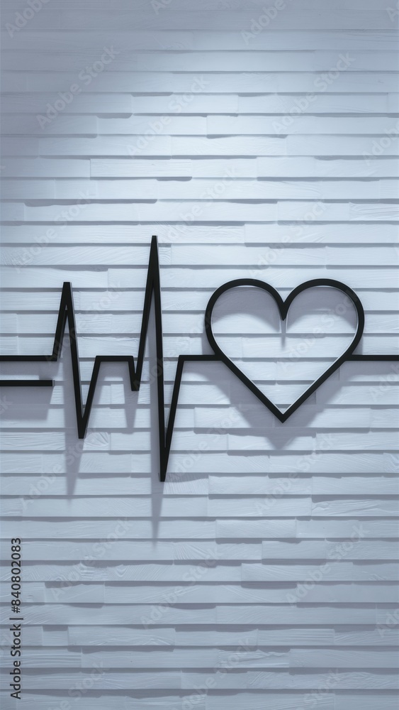An ECG chart with an image of a heart. White background. The heart with ...