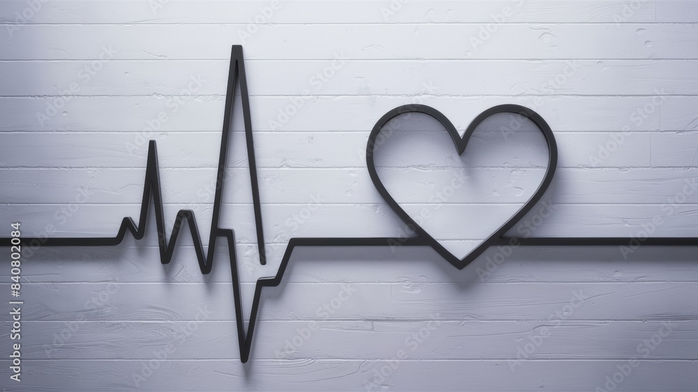 An ECG chart with an image of a heart. White background. The heart with ...