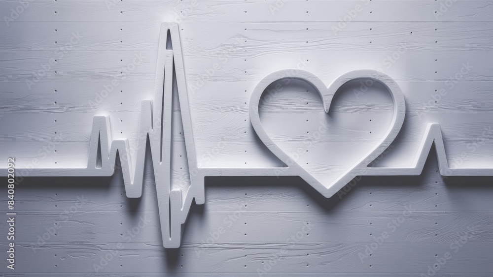 An ECG chart with an image of a heart. White background. The heart with ...