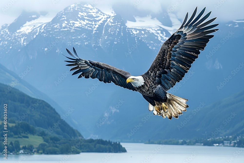 Featuring a bald eagle is flying over bodies of water between mountains ...