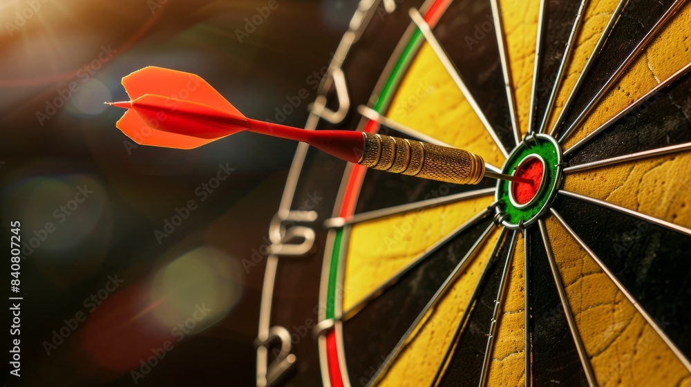 Dart in the middle of a bullseye reaching the target with good aim ...