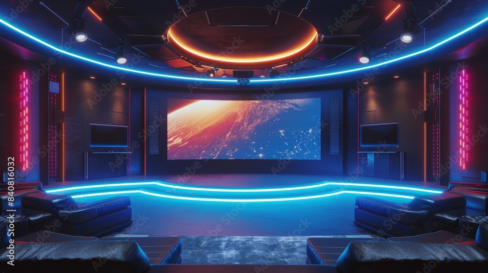 Futuristic Home Theater Room with Curved Screen and Ambient LED ...