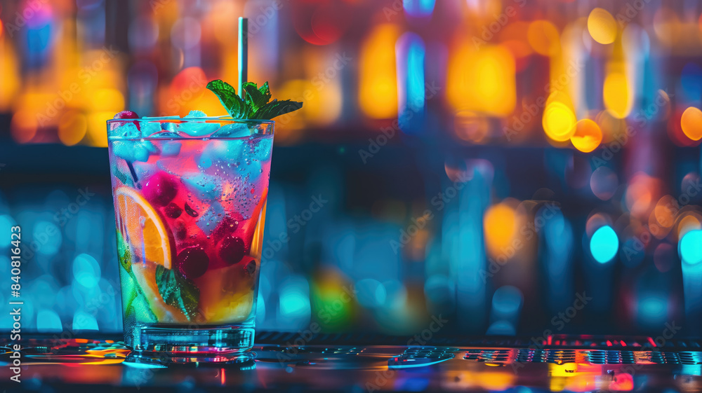 Colorful cocktails in a glass on the bar counter, neon lights on dark ...