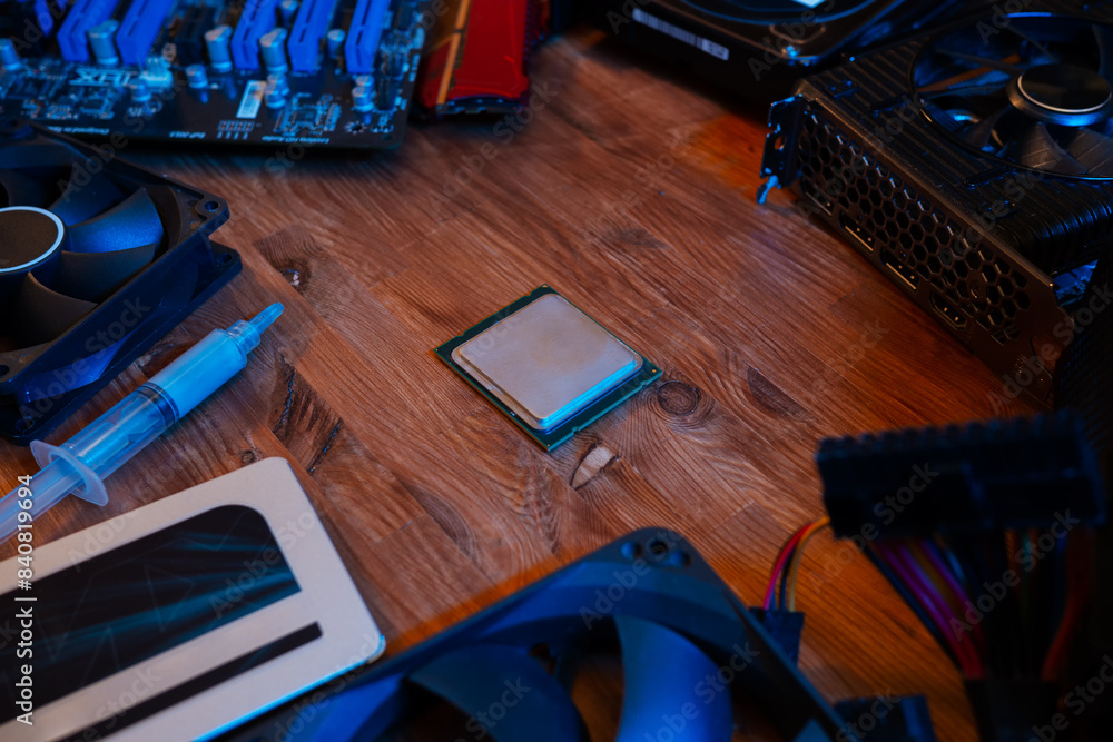 Top view of modern computer parts put together. Building personal ...