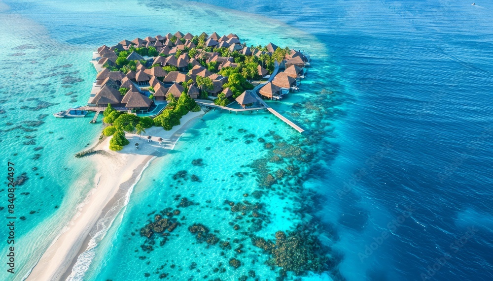 Aerial view of luxury overwater shape resort in Maldives, A dreamy ...