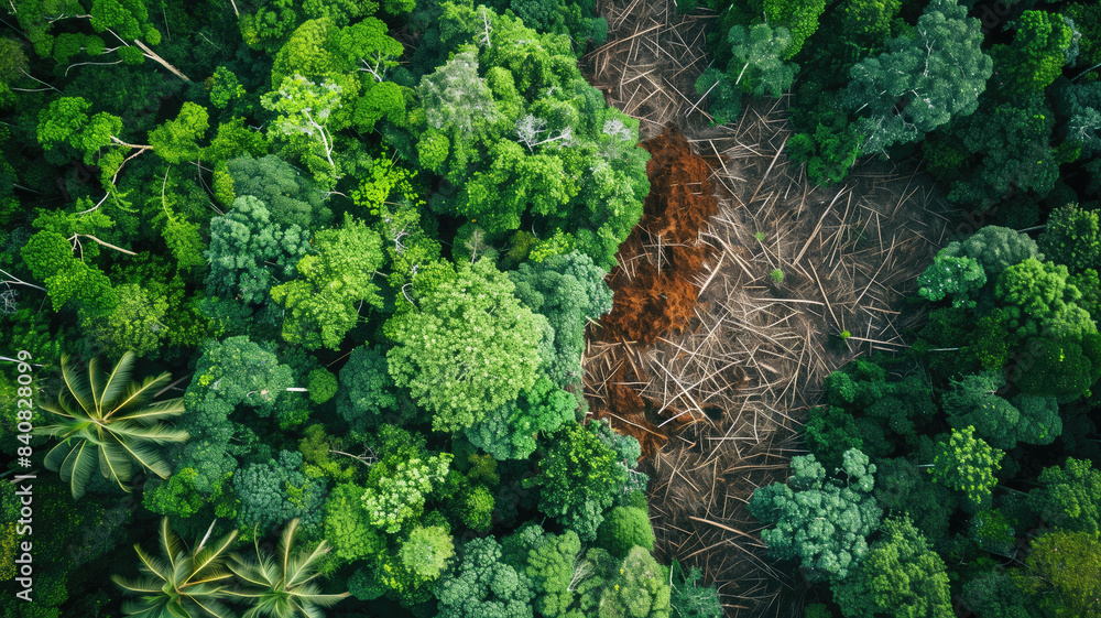 Deforest environmental problem, aerial split image from above top view ...
