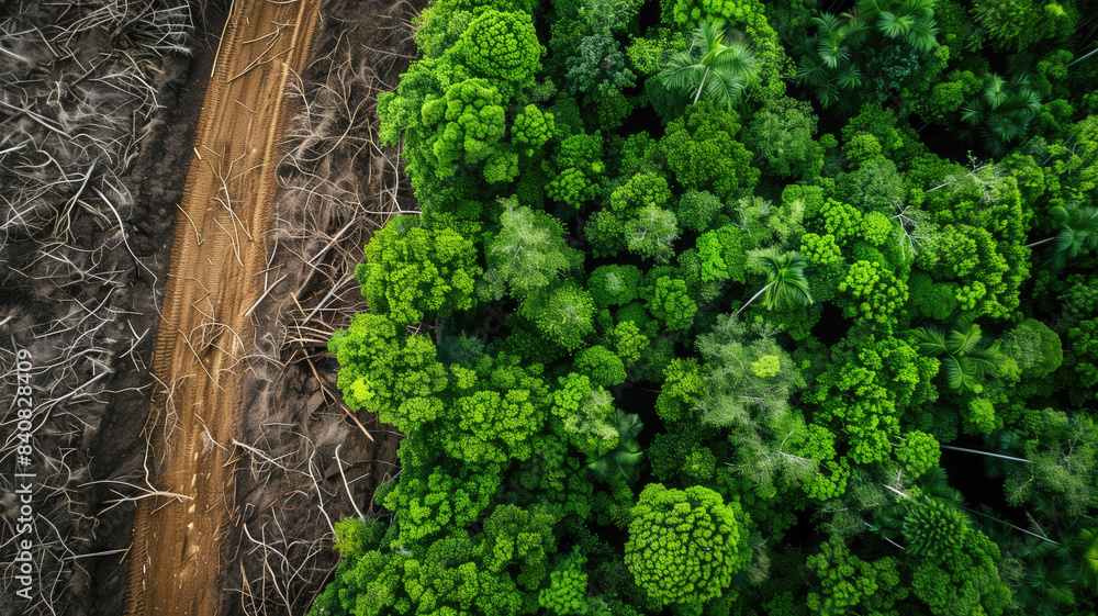 Deforest environmental problem, aerial split image from above top view ...