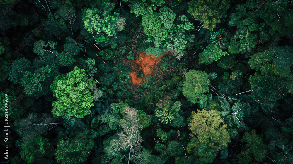 Deforest environmental problem, aerial split image from above top view ...