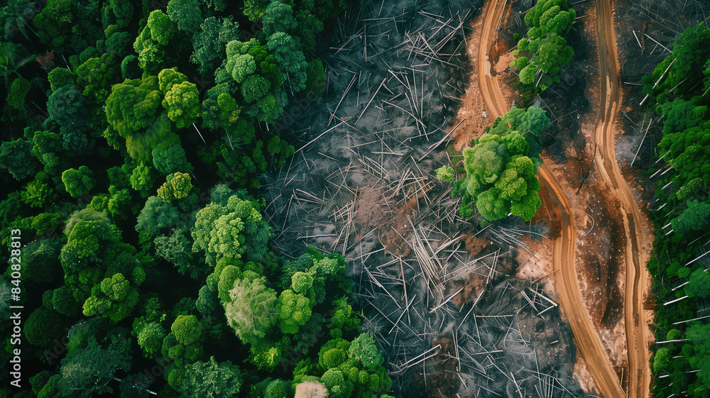 Deforest environmental problem, aerial split image from above top view ...