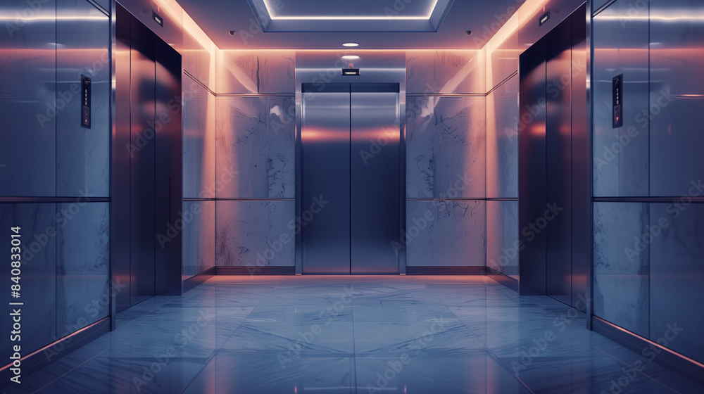 Interior view of a modern elevator. Walls made of elegant materials and ...