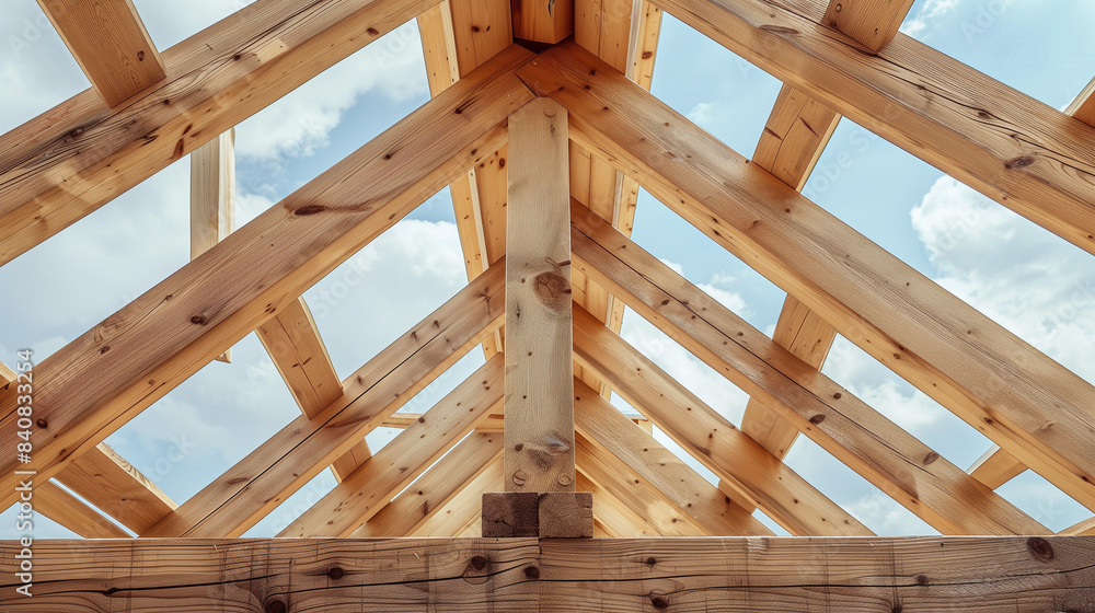 Wooden roof trusses under construction, made of solid structural beams ...