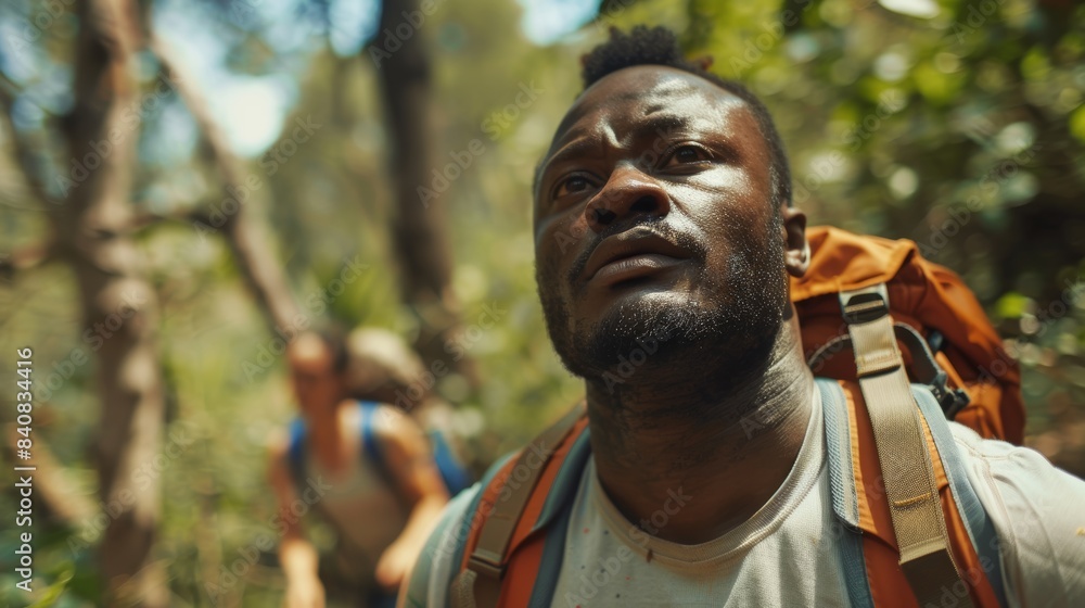 Young black man hiking in wilderness with wow face and knapsack ...
