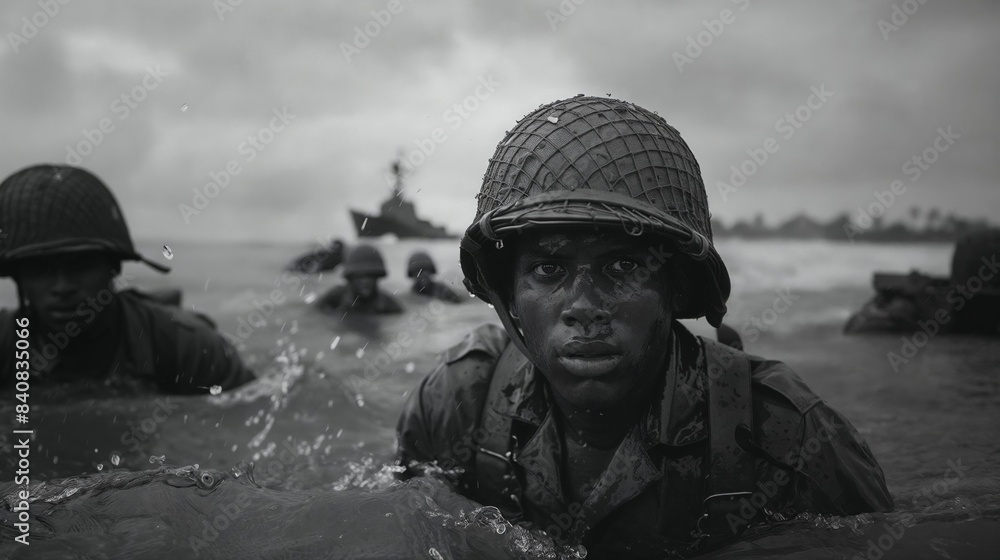 Portrait of an African soldier wading ashore during landing, with a ...