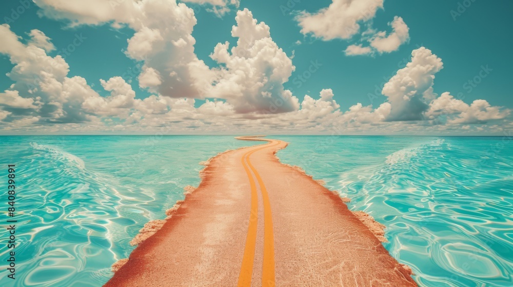 Render a road that appears to float on water, its surface rippling and ...