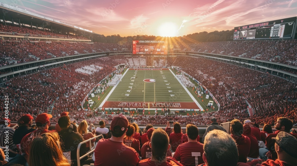 A captivating photo showcasing the energy of a packed college football ...
