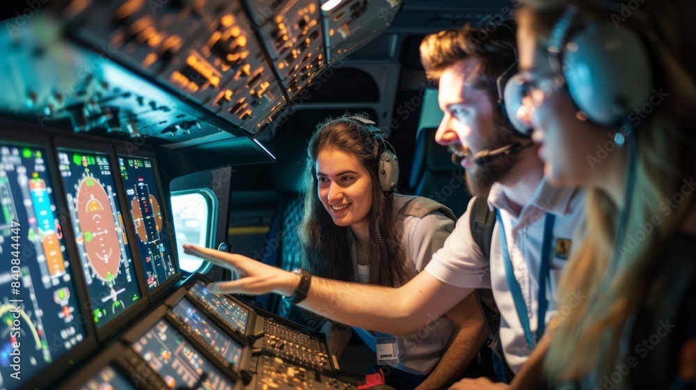 Three student pilots, wearing headsets, are gathered around a flight ...