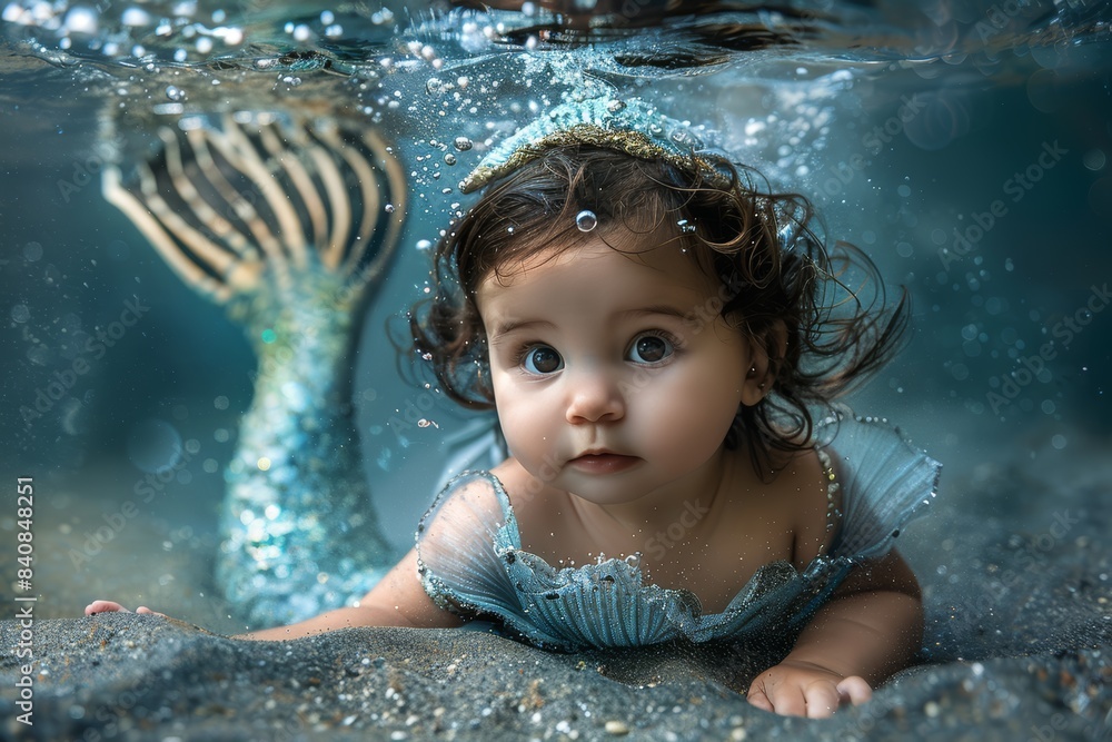 Adorable baby swimming underwater with a mermaid tail, capturing the ...