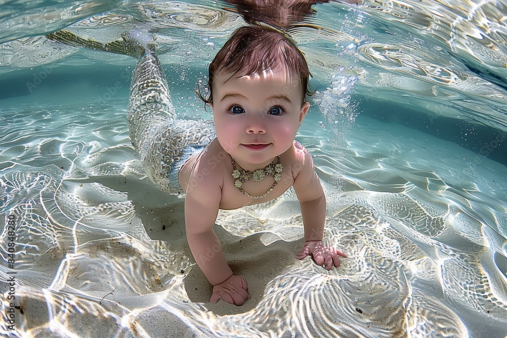 Adorable baby swimming underwater with a mermaid tail, capturing the ...