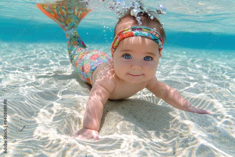 Adorable baby swimming underwater with a mermaid tail, capturing the ...