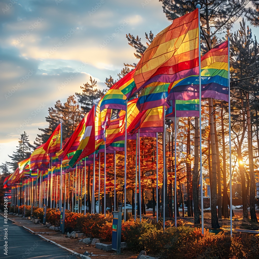 The rainbow flag flutters in the wind against a clear blue sky, a ...