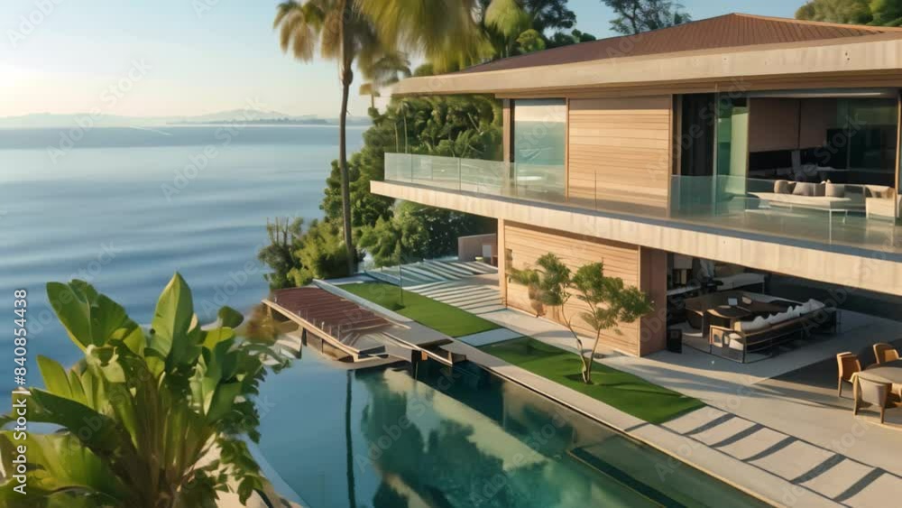A grand mansion positioned on the oceanfront, featuring a swimming pool ...