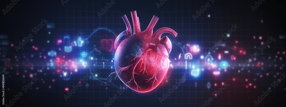 A digital heart with holographic graphs and charts overlaying it ...