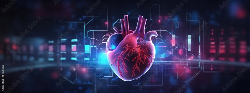 A digital heart with holographic graphs and charts overlaying it ...