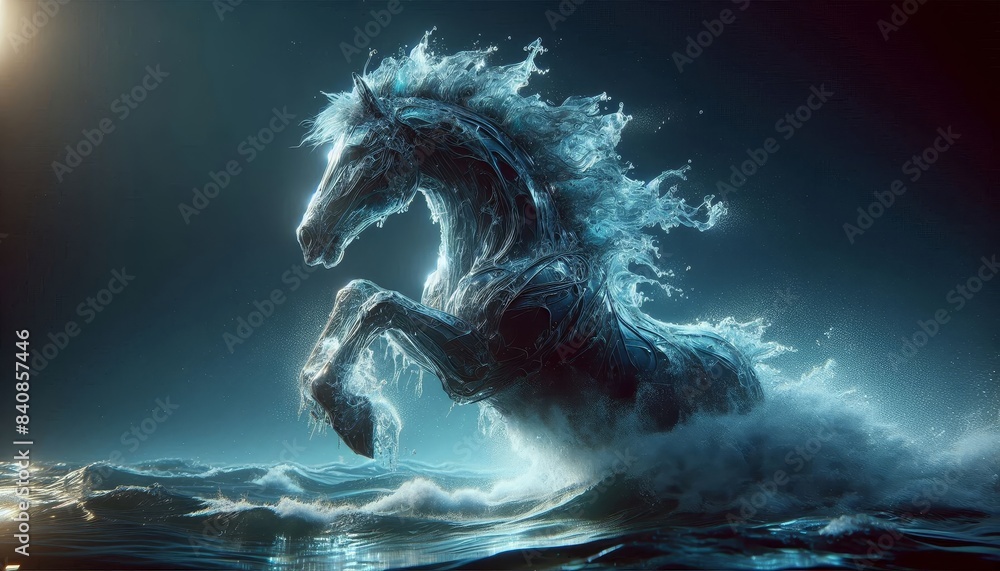 Mystical water horse rising from ocean depths - A digital artwork of a ...