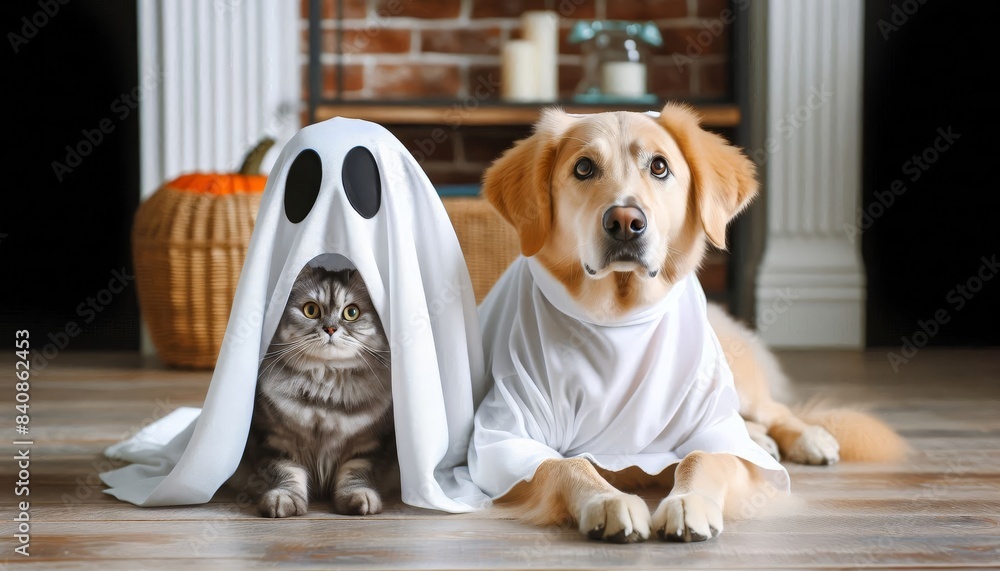 Dog and cat dressed as ghosts for Halloween - A cute cat and dog are ...