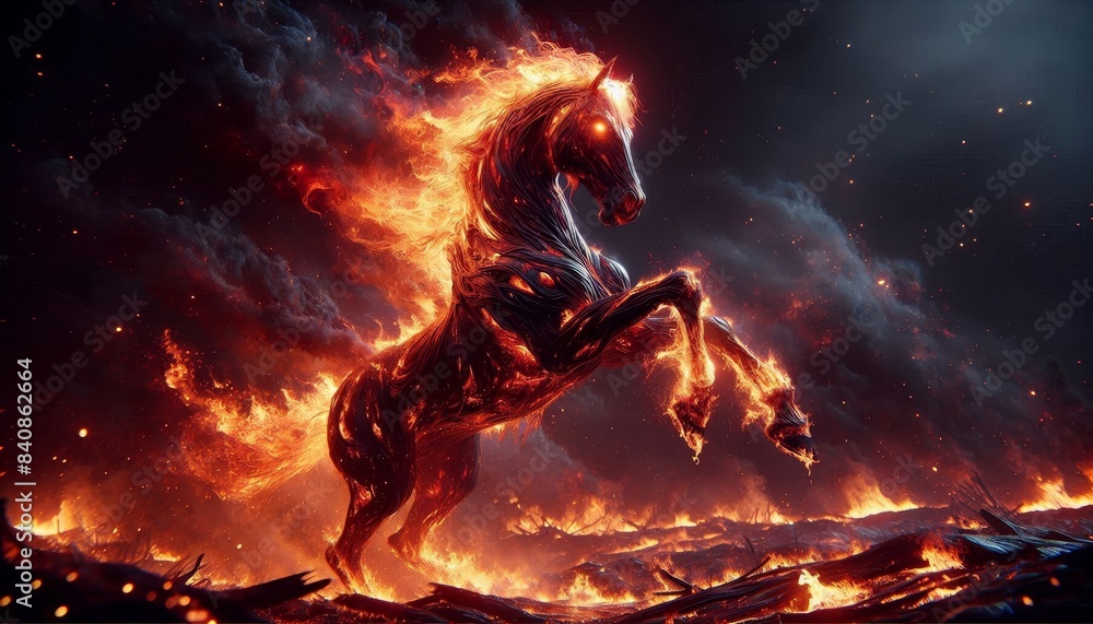 Fiery horse rearing in apocalyptic scene - A dramatic depiction of a ...