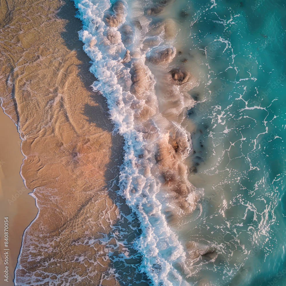 Beach and waves from top view. Turquoise water background from top view ...