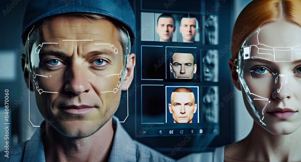 AI, Deepfake and machine learning. Facial tracking, detection and recognition technology Stock ...