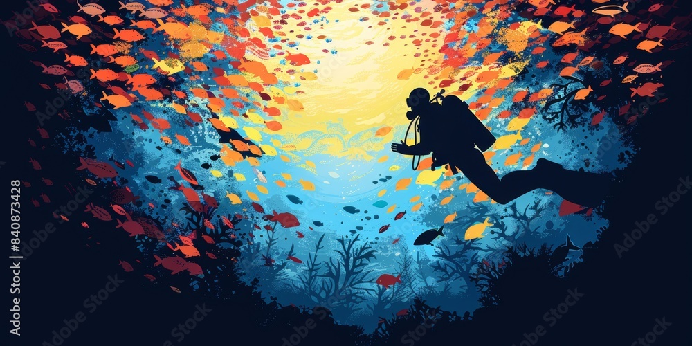 Scuba diver navigating through a stunning underwater world filled with ...