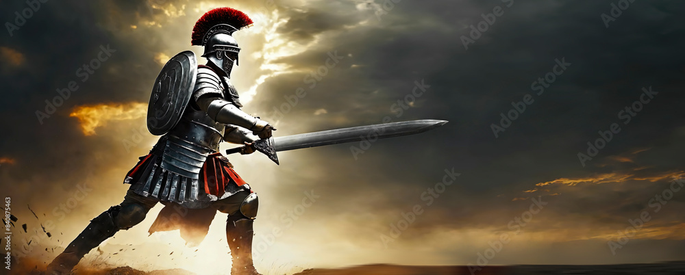 roman warrior in armour and red mantle holding sword, shield in ...