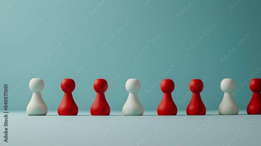 Red and white game pieces lined up in a row on a teal background ...