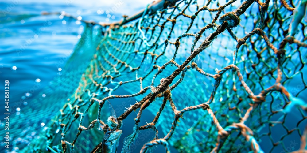 Underwater view of fishing nets in the ocean, capturing fish and highlighting the marine ...