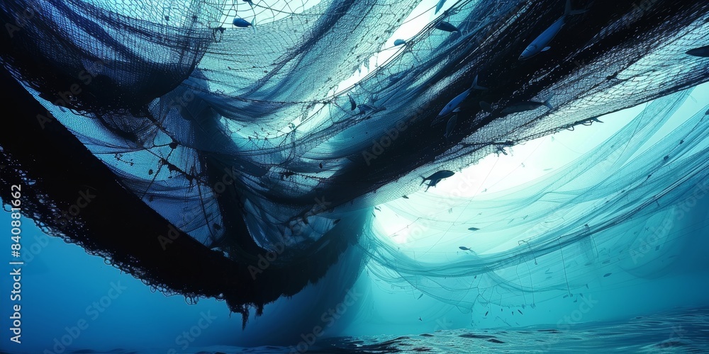 Underwater view of fishing nets in the ocean, capturing fish and ...