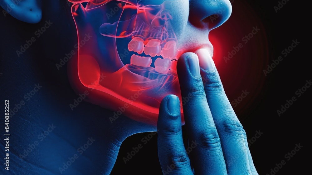 A photo of a person clenching their jaw, with a red highlighted area ...