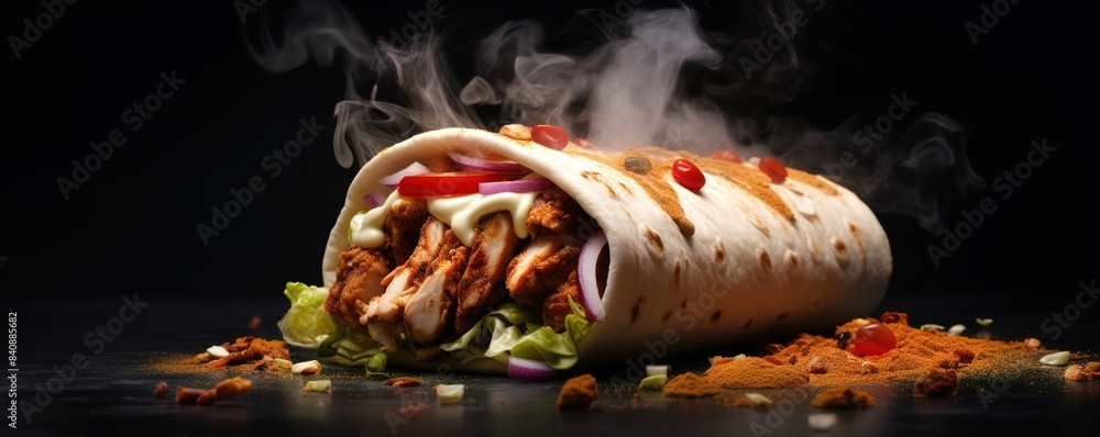 commercial photography of a shawarma wrap with chicken against a black ...