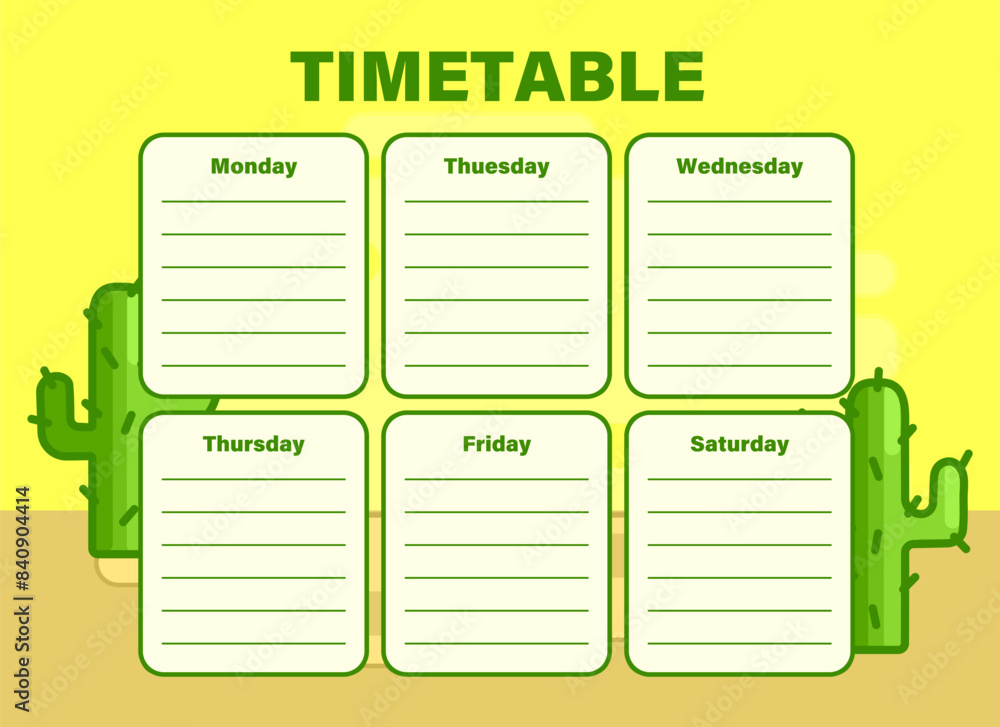 School timetable with cacti. Week plan with desert background. Schedule ...