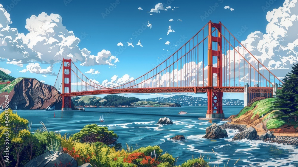 Modern illustration of the Golden Gate Bridge in doodle style. Hand ...